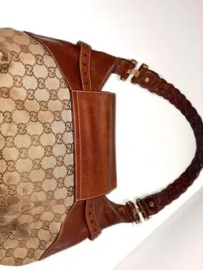 Gucci | Bags | Gucci Vintage Horsebit Gg Canvas Leather Hobo Bag Brown ...
